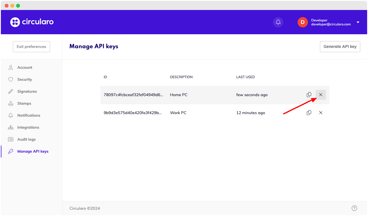 Managing API keys via User Interface