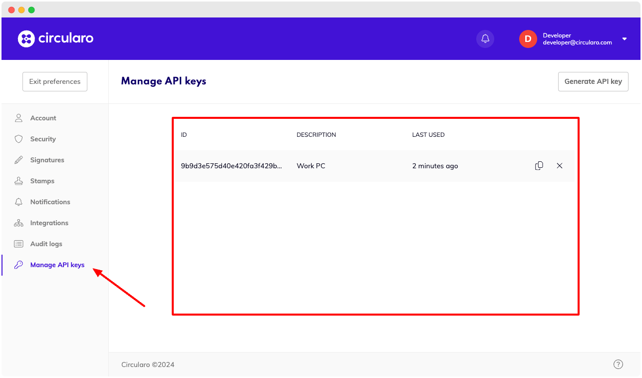 Managing API keys via User Interface